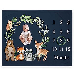Popfavors Yuzioey Woodland Baby Monthly Milestone, Woodland Greenery Baby Growth Chart Monthly Blanket, Watch Me Grow Baby Forest Nursery Gift for New Moms Baby Shower, Includes Marker (Black, 50x40)