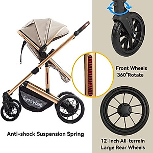 Infant Newborn Baby Bassinet Stroller - 2 in 1 High Landscape Convertible Stroller with Reversible Seat | Foldable Aluminum Alloy Pram Anti-Shock Toddler Pushchair Strollers for 0-36 Months Babies