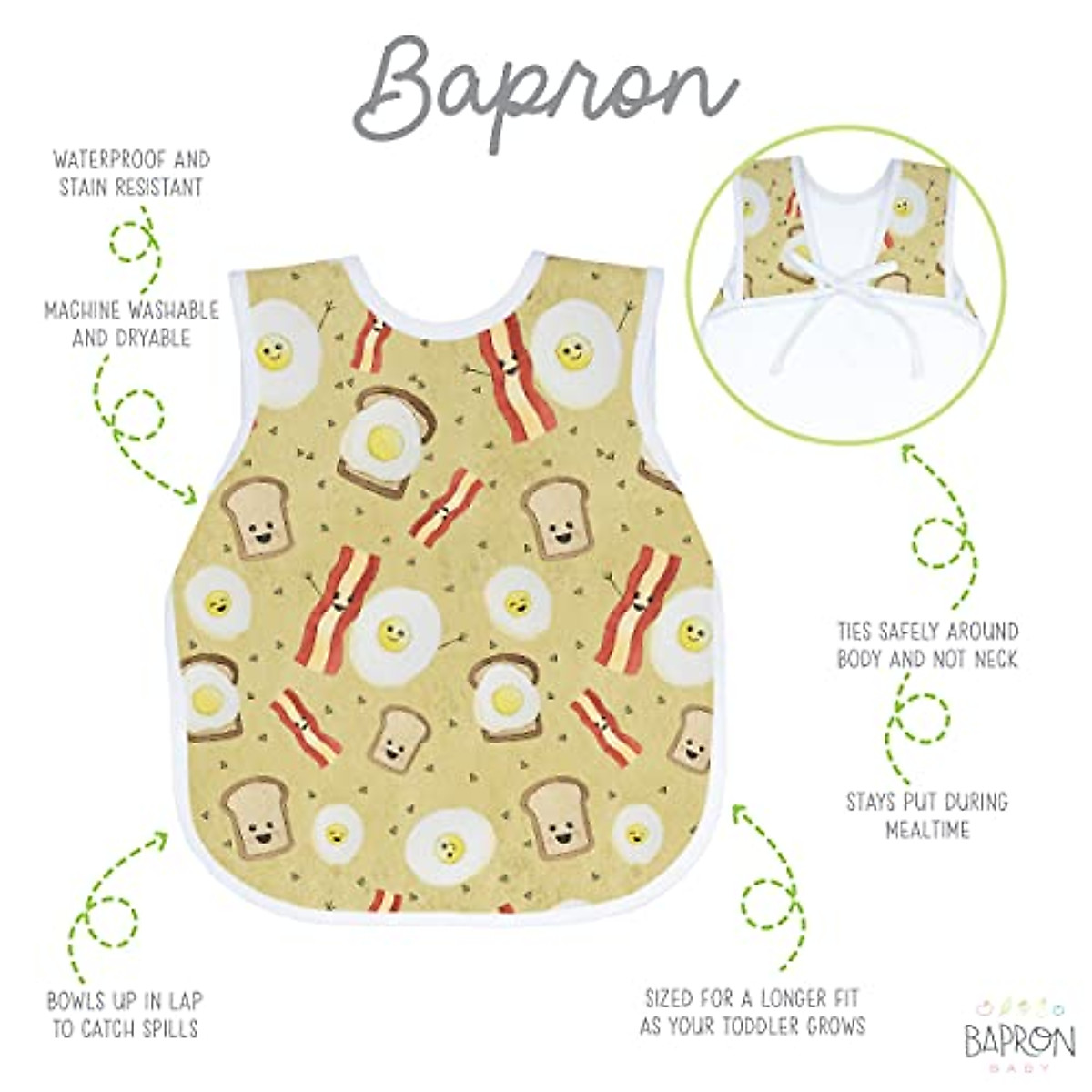 BapronBaby Eggs & Bacon Bapron - No Neck Tie Safer Bib for Baby & Toddler - Soft Waterproof Stain Resistant - Machine Washable - Sz Baby/Toddler 6m-3T