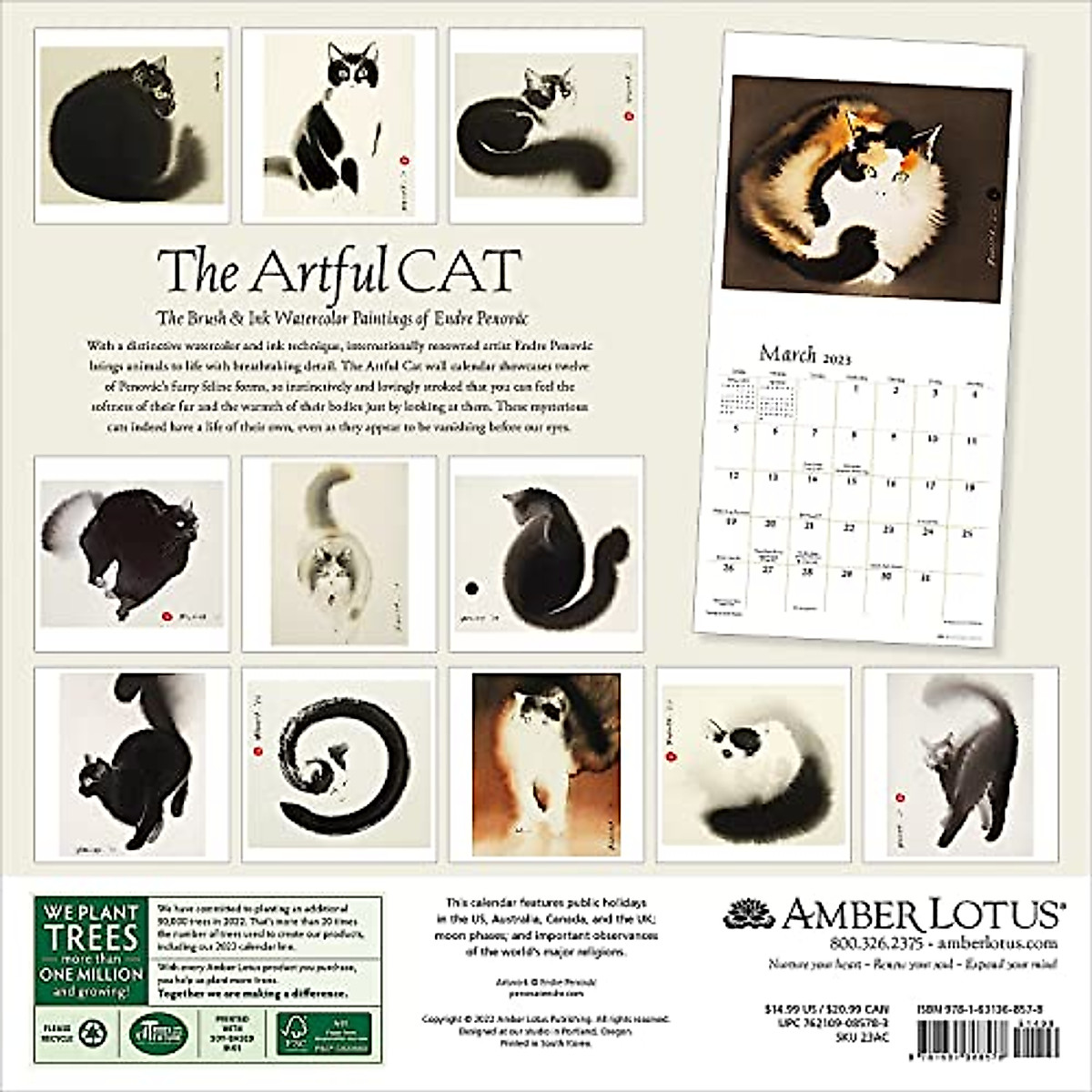 The Artful Cat 2023 Wall Calendar: Brush &amp; Ink Watercolor Paintings