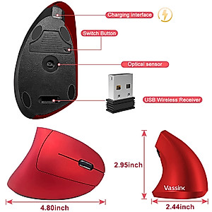 Vassink Ergonomic Rechargeable Wireless Mouse, 2.4Hz Rechargeable Wireless Vertical Optical Mice with USB Receiver, 6 Buttons, 800/1200/1600 DPI RED