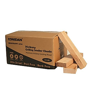 CONSDAN Wood Chips for Smoker, USA Grown Hickory Pizza Oven Wood, BBQ Cooking Natural Wood Chunks, Kiln Dried Firewood, Smoking Wood Chips, All Natural Barbecue Smoker Blocks for Smoking Meat (12 LBS)