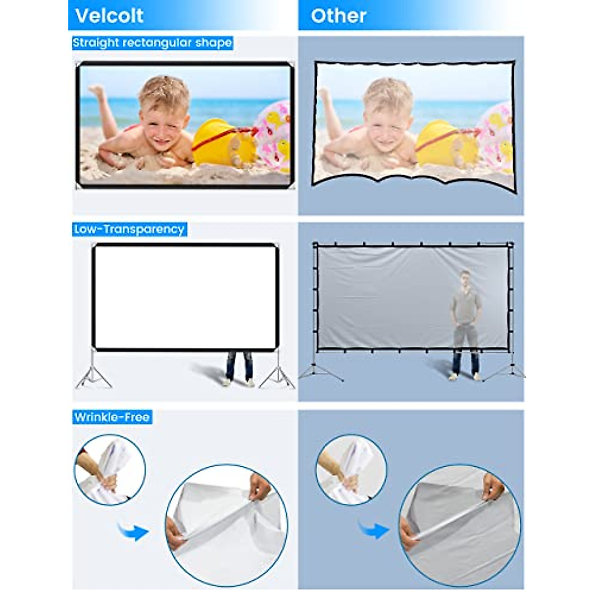 Projector Screen and Stand - Velcolt Outdoor Projector Screen 100 inch, 16:9 4K HD Foldable Portable Outdoor Movie Screen Pull Down with Carry Bag for Indoor Outdoor Camping Backyard Home Theater