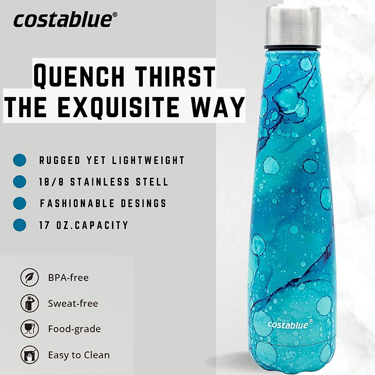 Costablue Insulated Water Bottle - On-The-Go Refillable Stainless Steel Water Bottles For Adults, Reusable Thermos Travel Tumbler With Leak-proof Lid For Hot & Cold Beverages (17Oz. Bubbly Blue)
