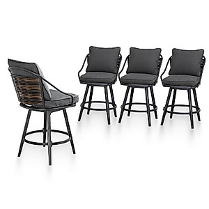 PatioFestival Outdoor Swivel Bar Stools Set of 4 Bar Height Patio Furniture Stool Chairs with 3.9" Thickness Seat Cushion for Deck Porch Backyard