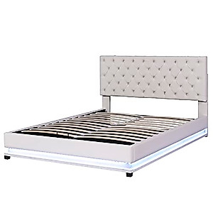 FIQHOME Queen Size Lift up Storage Bed, Upholstered Platform Bed with LED Light, Bed Frame Full Size with Velvet Tufted Adjustable Headboard for Teens Adults,Beige