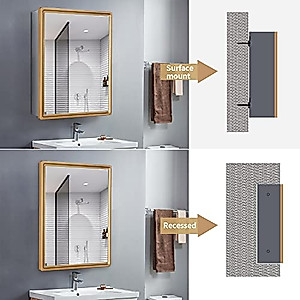 FOMAYKO Aluminum Bathroom Medicine Cabinet with Farmhouse Gold Framed 20(H) x16(W) Inches Recess or Surface Mount Mirror Cabinet for Bathroom Toilet Kitchen