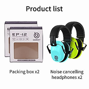 EAREST 2 Pack Ear Protection Shooting Earmuffs, NRR 20 dB Kids Noise Cancelling Ear Muffs for Sleeping, Studying, Hunting and Mowing, with Adjustable Headband and Carrying Bag - Blue & Green