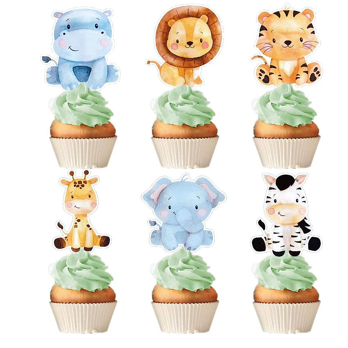 Baby Safari Jungle Animals Cupcake Toppers Forest Theme Birthday Party Supplies For Kids and Adults Party Decorations Set of 24