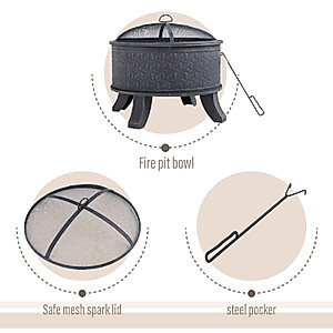 Wood Burning Fire Pit for Outside Antique Bronze 26 Inch Firepit Large Round Fire Pit Bowl with Poker & Spark Screen for Patio Lawn Backyard 4 Leg & Bronze Finish