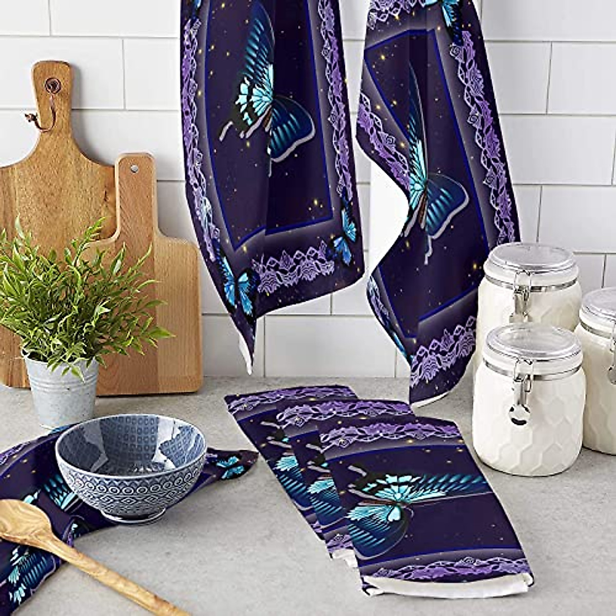 Big buy store Kitchen Towels Butterfly Dish Towels and Dishcloths Sets Decorative Tea Towel Purple Starry Sky Starlight Absorbent Hand Towels for Kitchen Drying Bathroom Decor Gift 18x28 Inch