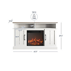 BELLEZE 48" TV Stand with 18" Electric Fireplace Heater, Modern TV Stand for TVs up to 50", Entertainment Media Stand with Open Shelves and Storage Cabinets for Living Room, Bedroom (White)