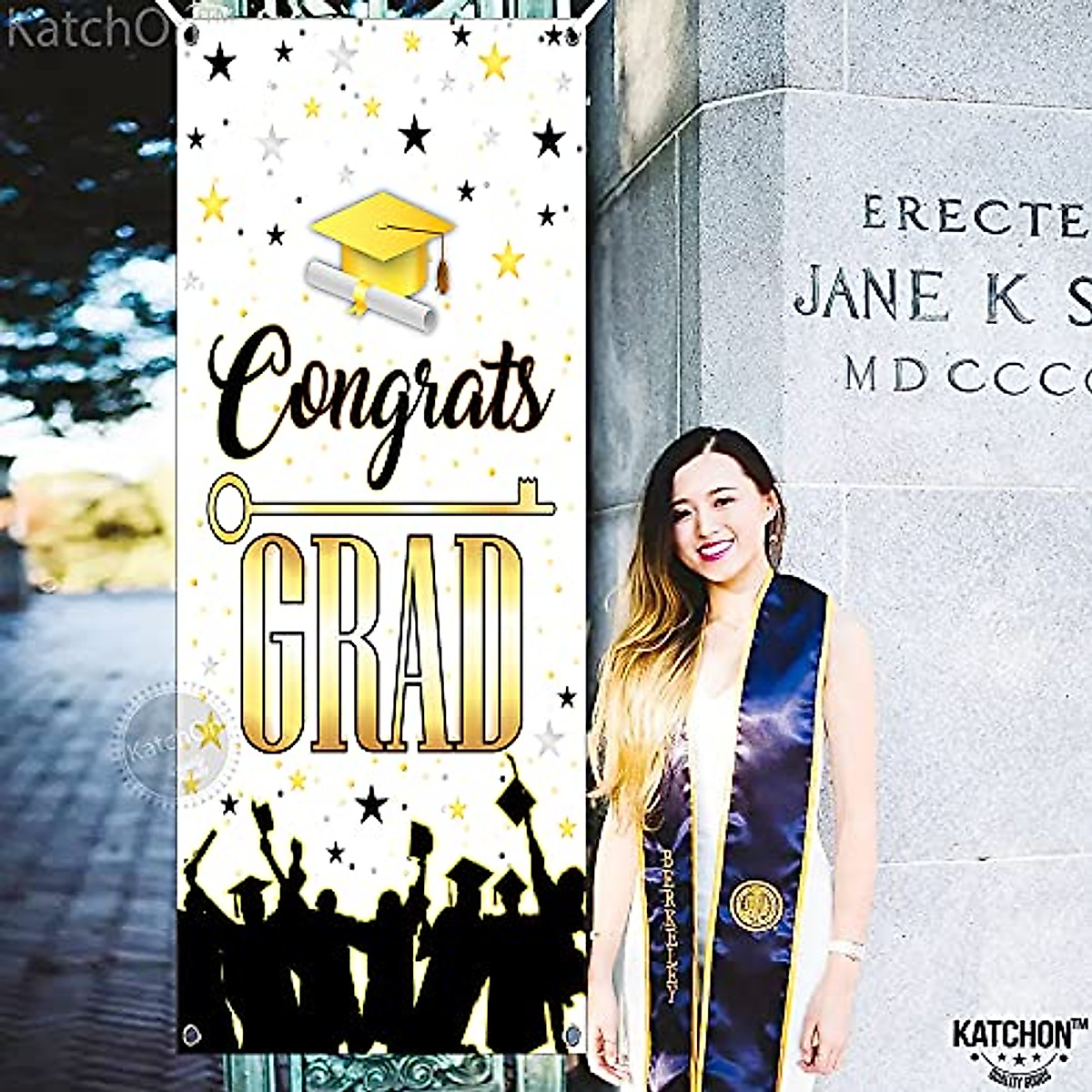 Congrats Grad Graduation Door Sign - 74x36 Inch | Congrats Grad Banner, Graduation Party Decorations 2023 | Graduation Door Banner 2023 | Graduation Decorations White and Gold | Graduation Door Cover