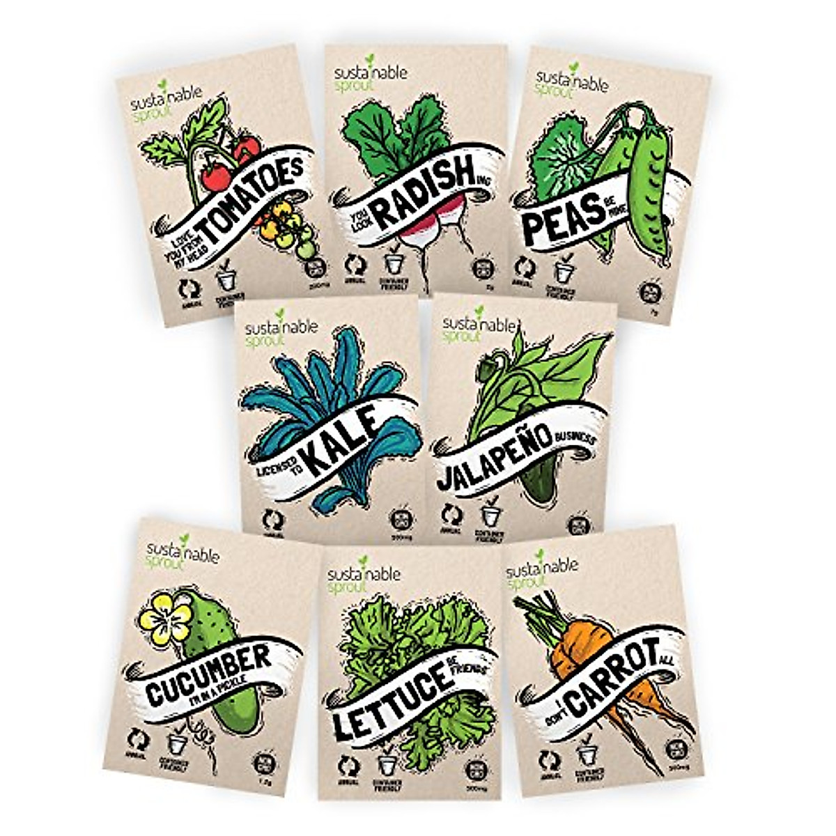 Vegetable Seeds for Planting Home Garden 8-Pack - Garden Seeds Vegetable Variety Pack, Heirloom Vegetable Seeds with Carrot Seeds, Tomato, Cucumber, Lettuce, Kale, Radish, Peas & Jalapeno Pepper