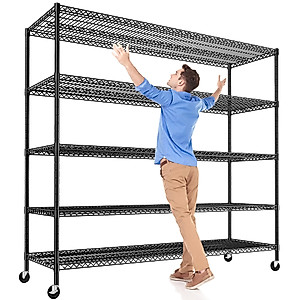 REIBII 85.7"H Storage Shelves 3200LBS 5 Tier Wire Shelving Unit with Wheels 55.5" W Heavy Duty Shelving Rack Adjustable Metal Shelves for Kitchen Pantry College Dorm School 85.7"H X 55.5"W X 24.2"D