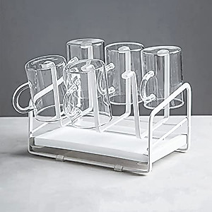 YEAVS Cup Drying Rack with Drain Tray, Bottle Drying Rack Stand with 6 Hooks, Mug Organizer (White)
