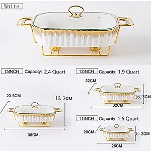 Rectangular Porcelain Casserole Warming Trays for Food, Ceramics Chafers, and Buffet Warmers Sets, Gold Plating Serving Dishes (Large 2.4 quarts)