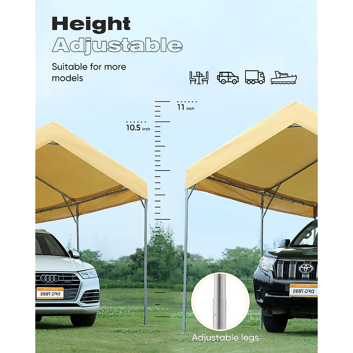 FINFREE Carport 10 x 20 ft Heavy Duty Carport with 4 Sandbags, Car Canopy for Auto, Boat & Market Stall, Adjustable Height from 9.5 ft to 11 ft,Beige