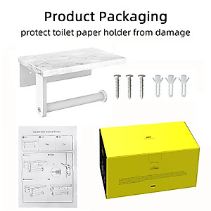 Gypie Toilet Paper Holder with Natural Marble Shelf, 304 Stainless Steel Screw Wall Mounted, Tissue Roll Paper Holder Dispenser for Bathroom Washroom White