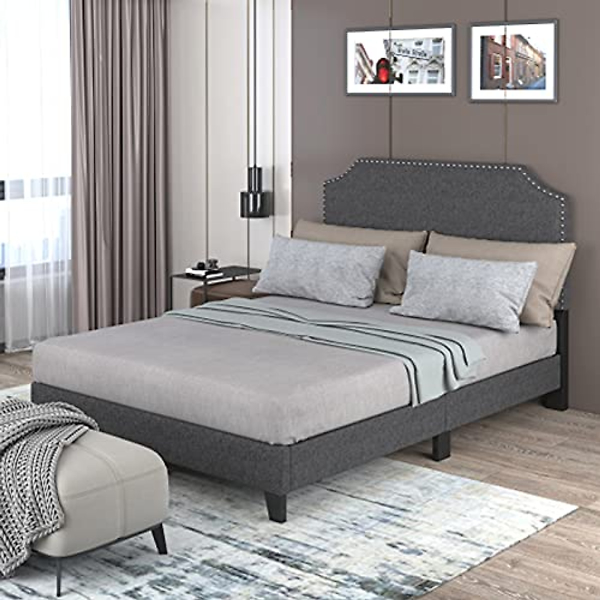 MOOLO Upholstered Platform Bed Frame with Nailhead Trim Headboard and Wood Slats Full Size Dark Grey