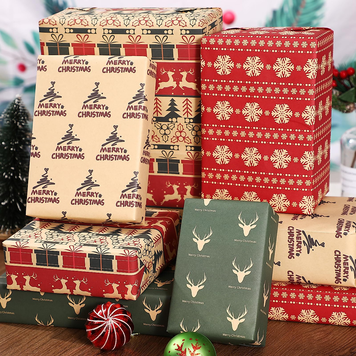 PlandRichW Christmas Wrapping Paper 12 Sheets of Folded Brown Kraft Paper with Red and Green, Greetings, Snowflakes, Reindeer, Christmas Tree Elements Series, 20 X 29 Inches Each
