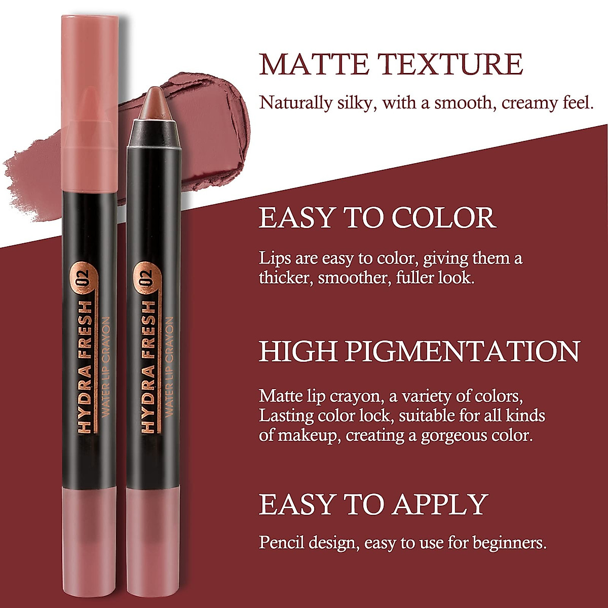 Boobeen Matte Lip Crayon Lipstik Pencil Velvety Creamy Matte Lip Liner Full Coverage High Pigment Waterproof Long Lasting Lipstick for Women, Matte Lip Color with Smooth