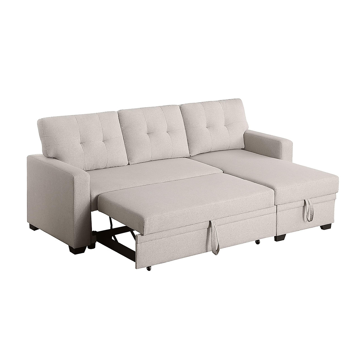 Wakefit Sectional Sofa Couch, 4-in-1 Sleeper Sofa Bed with Reversible Storage Chaise Pull Out Couch for Living Room | Hidden Stroge | Pull Out Bed | Removable Backrest | Linen Fabric, Beige