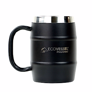 EcoVessel Double Barrel Mug Insulated Travel Coffee Cup with Lid & Wide Grip Handle Stainless Steel Beer Stein, Travel Whiskey Glass, Country Travel Mug or a Moscow Mule Tumbler Cup