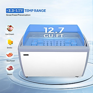 ROVSUN 12.7 Cu.Ft Commercial Ice Cream Freezer ETL NSF Certified, 50" Ice Cream Display Case Glass Top Chest Freezer w/LED Light 4 Removable Baskets Lockable Wheels Sliding Door for Store Supermaket