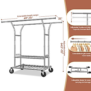 Raybee Clothes Rack Heavy Duty Clothing Rack with Wheels Load 630lbs Clothing Racks for Hanging Clothes Rolling Clothes Rack Adjustable Garment Rack Commercial Portable Clothes Rack 74" Wx 25" Dx70 H