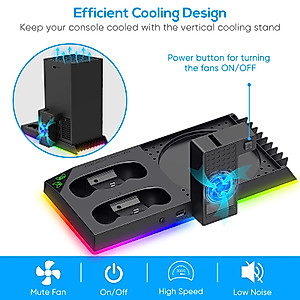 Upgrade Stand for Xbox Series X with Back Cooling Fan& RGB Lights, Charging Station with Controller Charger Dock &Game Storage Rack Organizer& Headset Stand with 2X1400 mAh Rechargeable Battery Pack