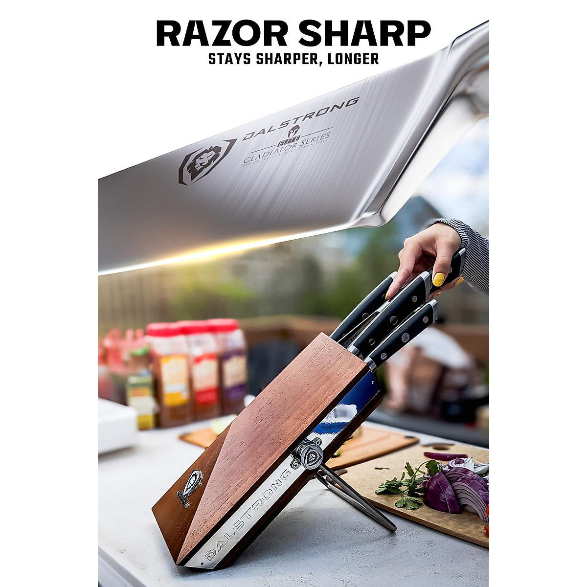 Dalstrong Knife Block Set - 5 Piece - Gladiator Series - with Modular, Multi-Level Block - German High Carbon Steel - Premium ABS Black Handles - NSF Certified