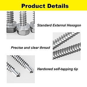 LERNOU #8×1/2" Hex Washer Head Self-Drilling Screws, 410 Stainless Steel Self-Tapping Sheet Metal Tek Screws with Waterproof Washers and Phillips Screwdriver. (100 pcs)