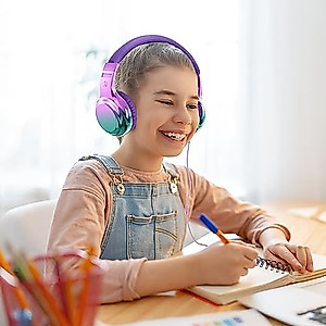 QearFun Headphones for Girls Kids for School, Kids Wired Headphones with Microphone & 3.5mm Jack, Teens Noise Cancelling Headphone with Adjustable Headband for Tablet/Smartphones-Gradient Deep Purple