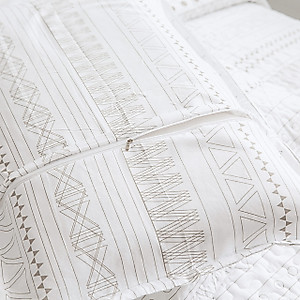 BBSET White Quilt Set Queen 90x90 Inch, 3 Pcs Striped Boho Geometric Bedding Quilts,Bohemian Aztec Brushed Reversible Bedspread Microfiber Coverlet Sets for All Season- 1 Quilt and 2 Pillow Shams