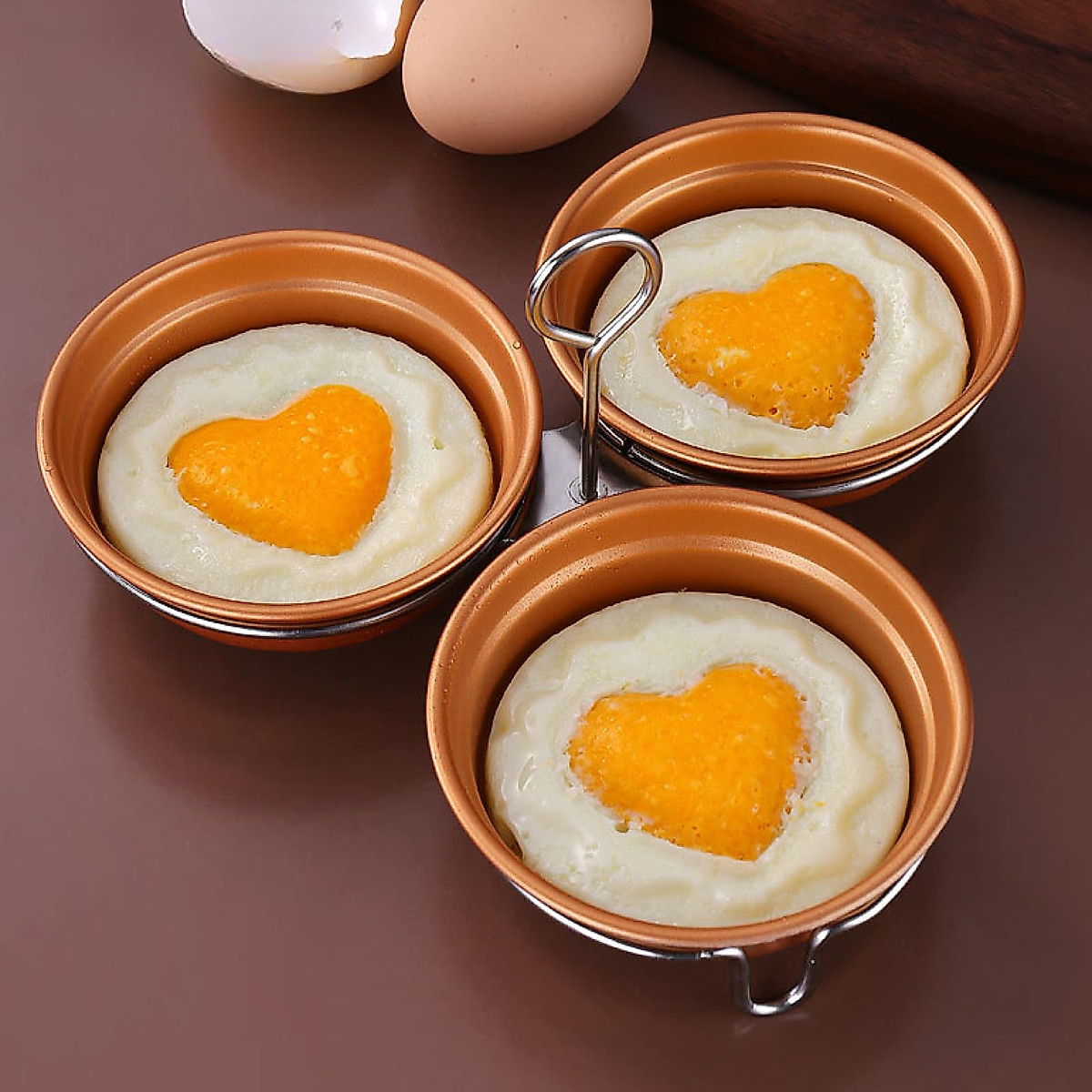 RJMPUCUT Stainless Steel Egg Poacher, Nonstick 3 Poached Egg Cups for Poached Mini Multi-function Egg Steamer with Stand, Metal Egg Cups with Oil Brush for Poached Eggs Poached Egg Tool