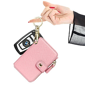 Keychain wallet with ID Window, Credit Card Holder with Zipper Card Wallet Women with Gift Box Packing(Light Pink)