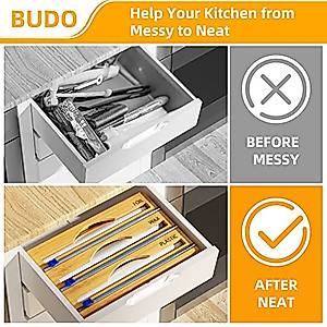 BUDO 3 in 1 Wrap Dispenser with Cutter and Labels, Bamboo Foil and Plastic Wrap Organizer, Wax Parchment Paper Dispenser for Kitchen Drawer, Fits 12" Roll Storage Holder