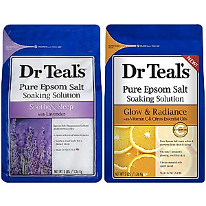 Dr. Teal's Pure Epsom Salt Bath Soaking Solution Gift Set - (2 Bags, 6 lbs Total) - Soothe & Sleep Lavender and Glow & Radiance with Vitamin C & Citrus Essential Oils - Treat Sore Muscles at Home