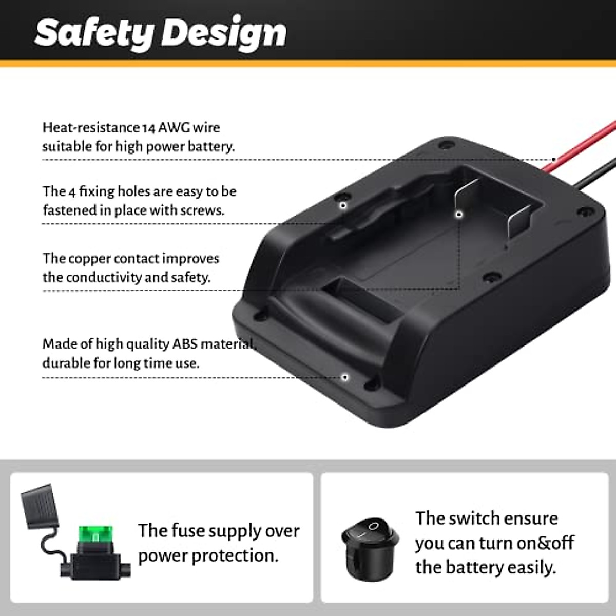 Power Wheel Adapter for DeWALT 20V Lithium Battery with Wire Terminals, 14 Gauge Wire,Power Convertor for Robotics,Work Lights and DIY RC Toys Adapter Set (Black)