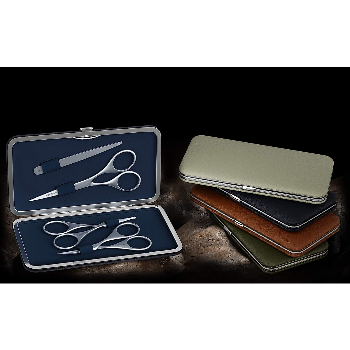 Suvorna Premium Beard & Mustache Scissors Set/Kit with Beard scissors for men - Grooming Scissors men/Facial Hair Scissors/Nose scissors - Eyebrow Scissors - Slant Tweezers (4 Pcs Blue)