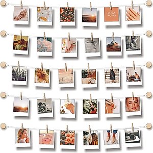BIZYAC Hanging Photo Display Room Wall Decor - Sculptural Picture Frames Collage - 5 Strings with 30 Clips - 3M Self Adhesive Hooks - No Holes Drilling - 30 x 30 inch