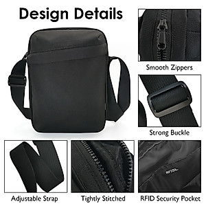 Unisex Small Crossbody Bag, Anti-Theft Side Shoulder Bag with RFID and Zipper Locked, Adjustable Heritage Mini Messenger Satchel Tote Bag, Black