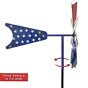 Exhart Yard Pinwheel Decorations – American Flag Windmill Spinner – USA Garden Windmill w/Weather Resistant Americana Metal Blades, Patriotic Decorations, Garden Décor (12" L x 13" W x 54" H)
