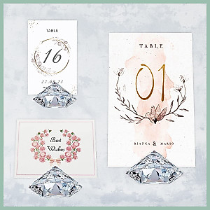 EDEVOLUTION 12 Pack Diamond Place Card Holders Stands, Sturdy Acrylic Table Numbers Card Holder, Crystal Harp-Clip Place Name Photo Card Holders for Party Wedding Table Decorations