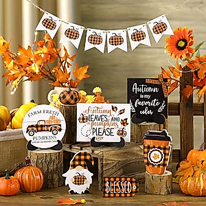 Maitys 13 Pcs Fall Tiered Tray Decor Set Thanksgiving Pumpkin Gnome Rustic Farmhouse Decor Fall Decor Autumn Harvest Decorative Trays Wooden Tabletop Signs for Home Kitchen(Orange Plaid Style)