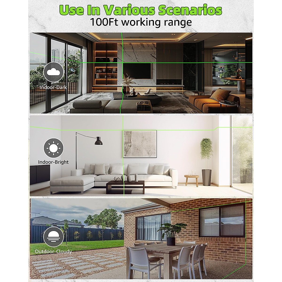 HUEPAR Laser Level Self-Leveling - 100 feet DIY Bright Green Cross Line Laser Leveler for Picture Hanging, Tile, Decoratio and Construction Indoor Project, 360° Magnetic Base & Battery Included