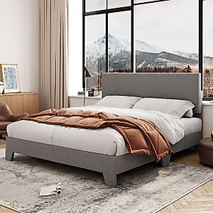 Allewie Full Size Bed Frame with Adjustable Headboard, Upholstered Platform Bed with Wood Slats, Heavy Duty Mattress Foundation, No Box Spring Needed, Noise-Free, Easy Assembly, Light Grey