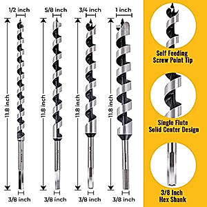 SOMADA Long Auger Drill Bit Set for Wood -4 Pcs, 1/2-Inch, 5/8-Inch, 3/4-Inch, and 1-Inch Diameter with 12-Inch Long Hex Shank, Ship Auger Bit Set
