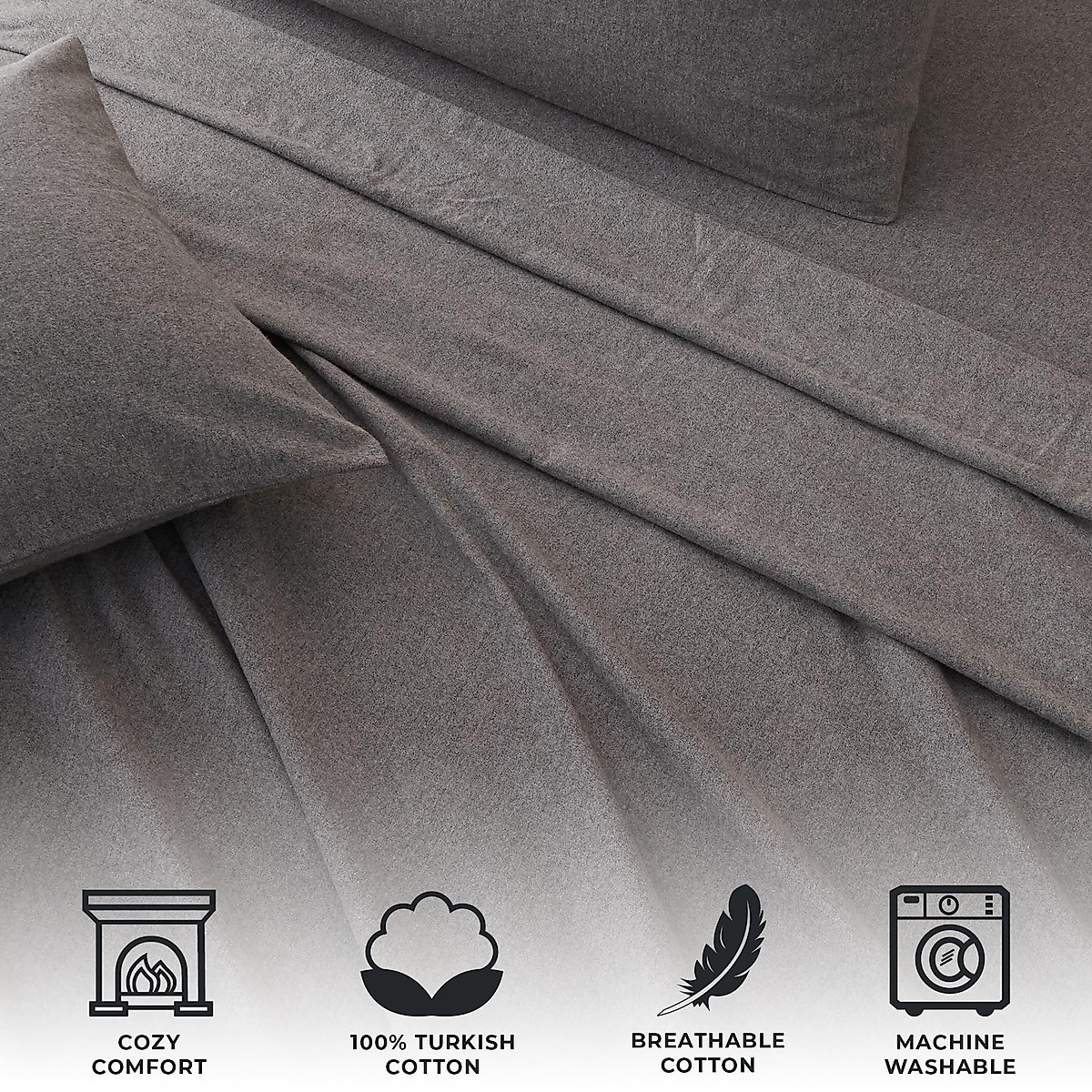 4 Piece Cotton Blend King Grey Flannel Sheet Set | Cotton Bedding Sheets & Pillowcases | Warm, Double Brushed for Softness Bed Sheets (Heathered Dark Grey, King)